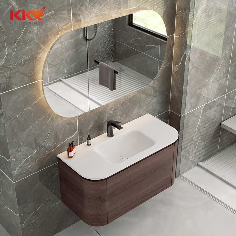 Modern Wall-Mounted Vanity with Solid Surface Basin and Curved Wood ...